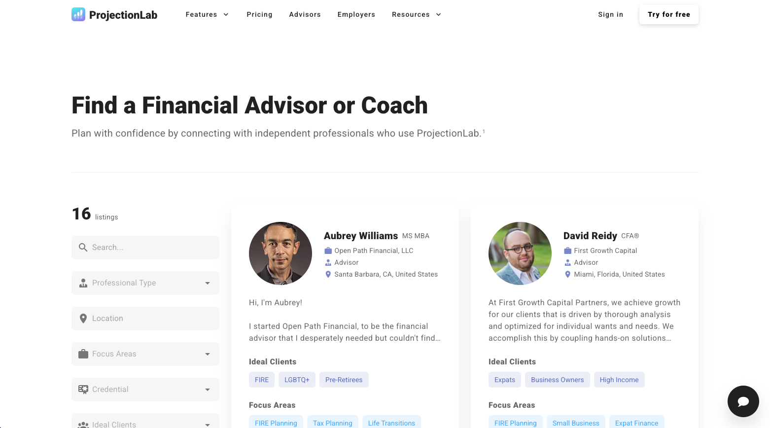 Advisor Directory - ProjectionLab